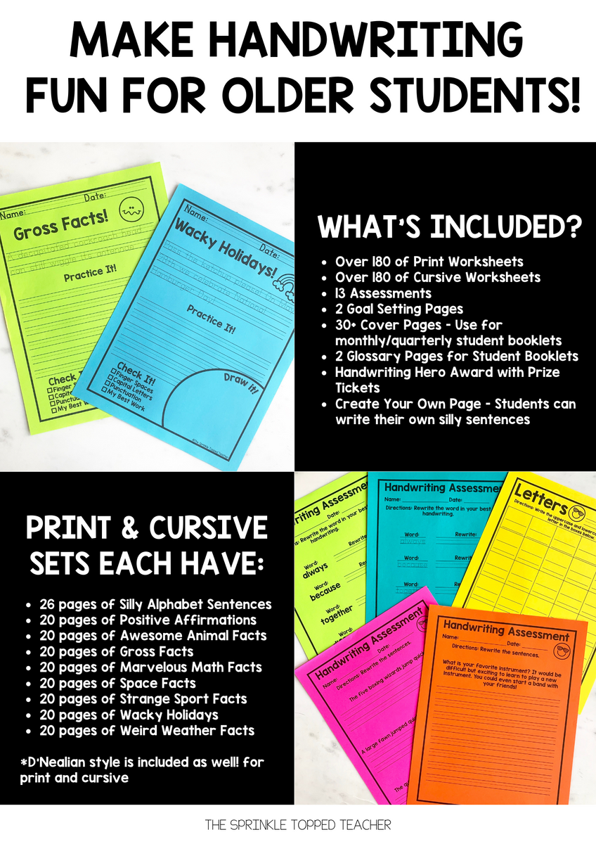 Handwriting Worksheets | CURSIVE PRINT D'NEALIAN BUNDLE for Older Stud ...