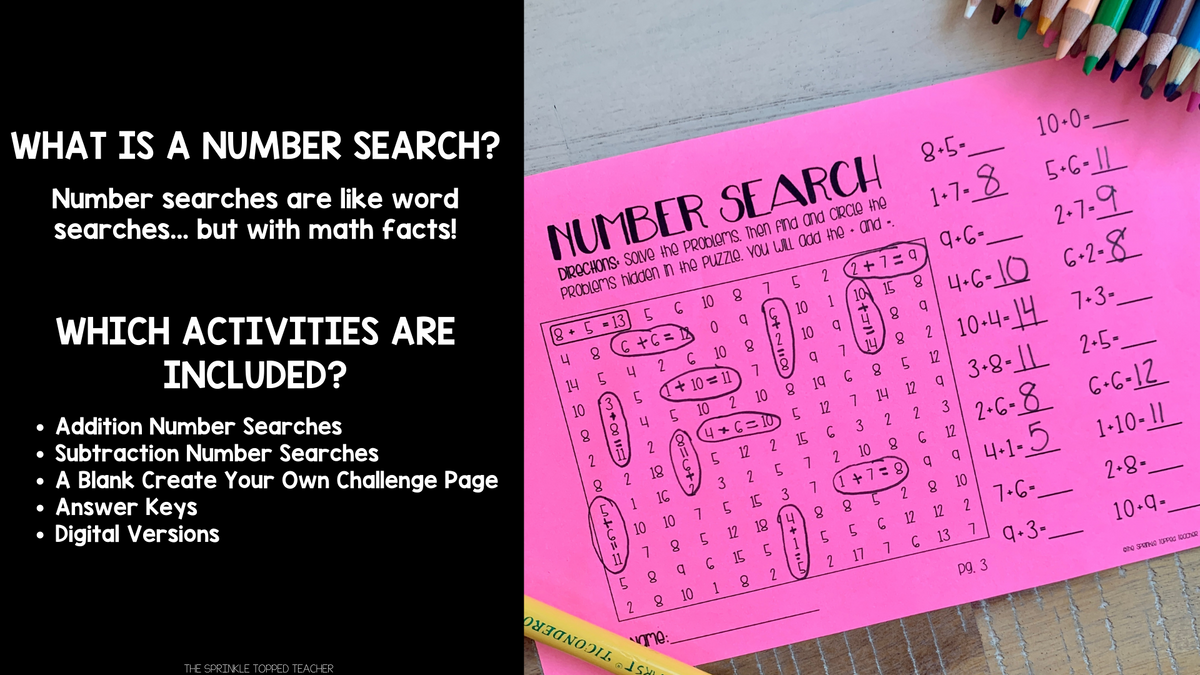 Addition and Subtraction Math Facts Fluency - Number Search Games – The ...